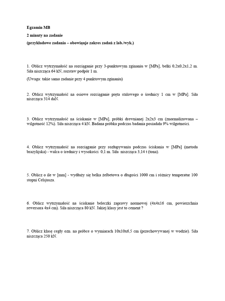 Materiały Bydowlanel - Przykladowe - Zadania | PDF