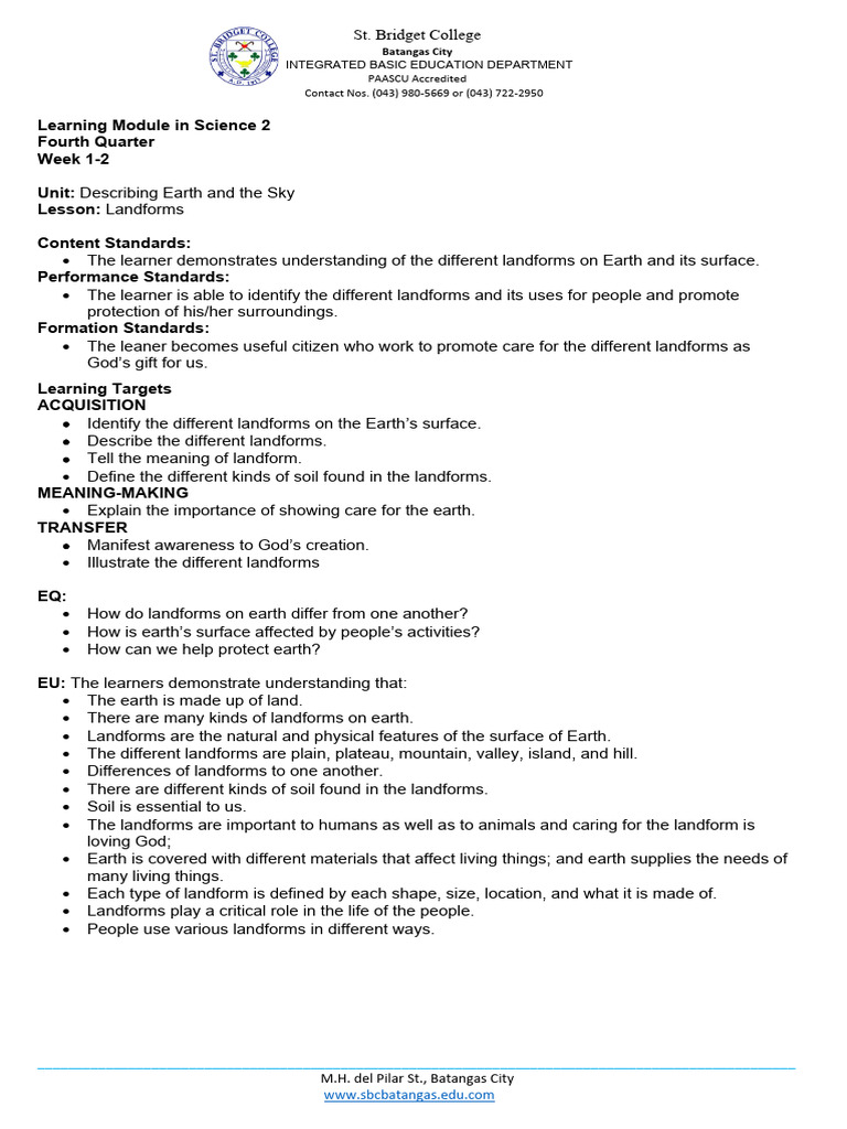 Grade 2 Science: Understanding Landforms | PDF | Learning | Clay