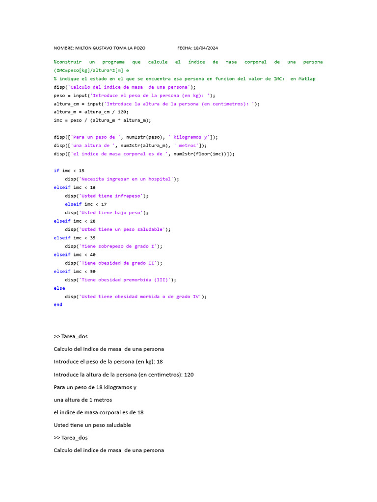 Tarea Numero 2 de Software | PDF | Ecuación cuadrática | Índice de masa corporal