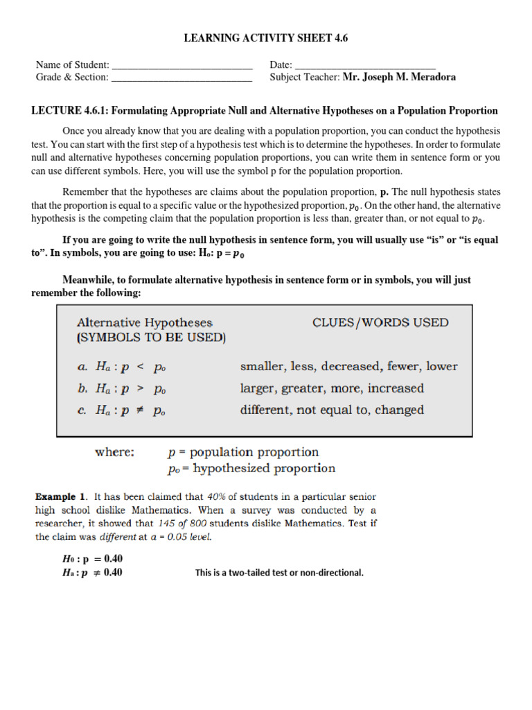 Learning Activity Sheet 4.6 | PDF | Hypothesis | Null Hypothesis