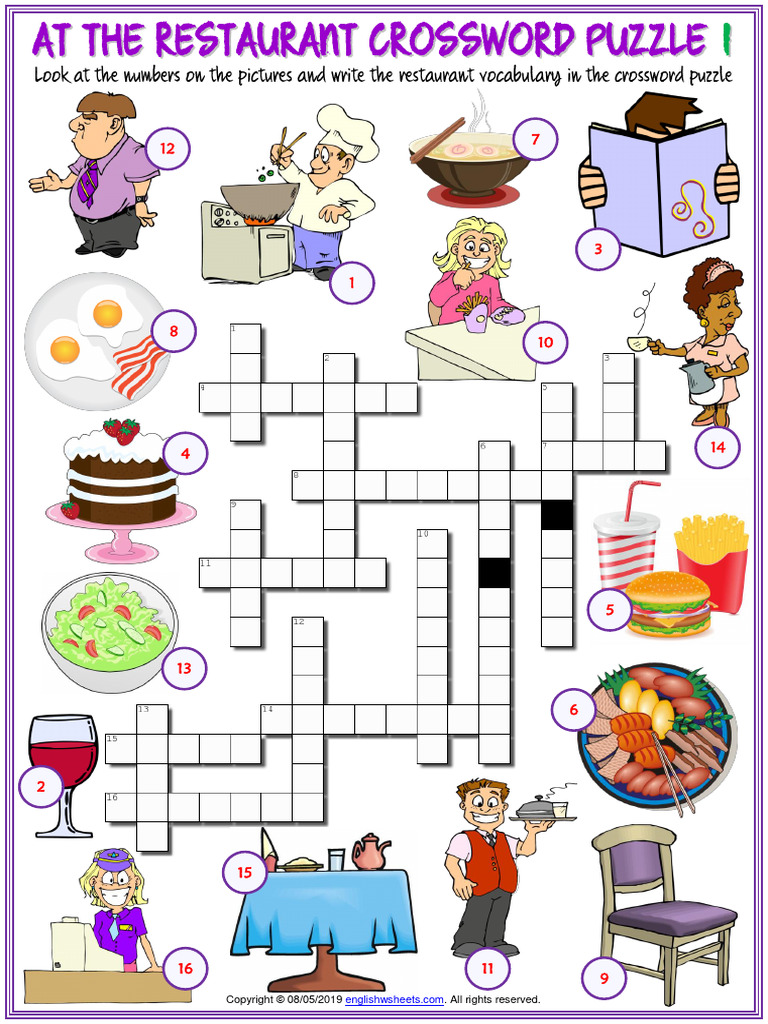 Restaurant Vocabulary Esl Crossword Puzzle Worksheets For Kids | PDF ...