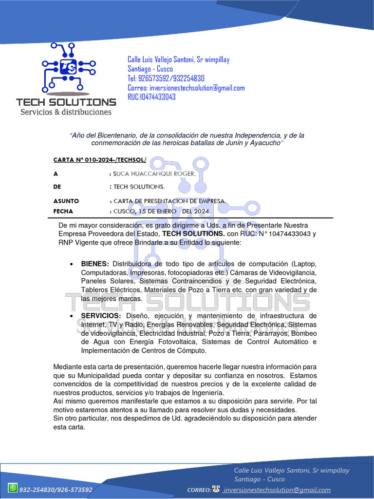 Carta de Presentacion Tech Solution 2024 | PDF | Ingeniería | Informática
