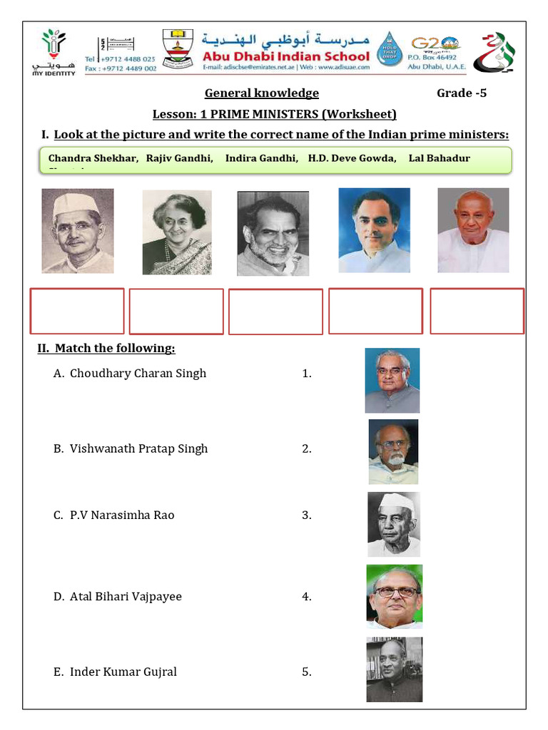 Grade 5 GK - Lesson 1 PRIME MINISTERS Worksheet | PDF | Self-Improvement