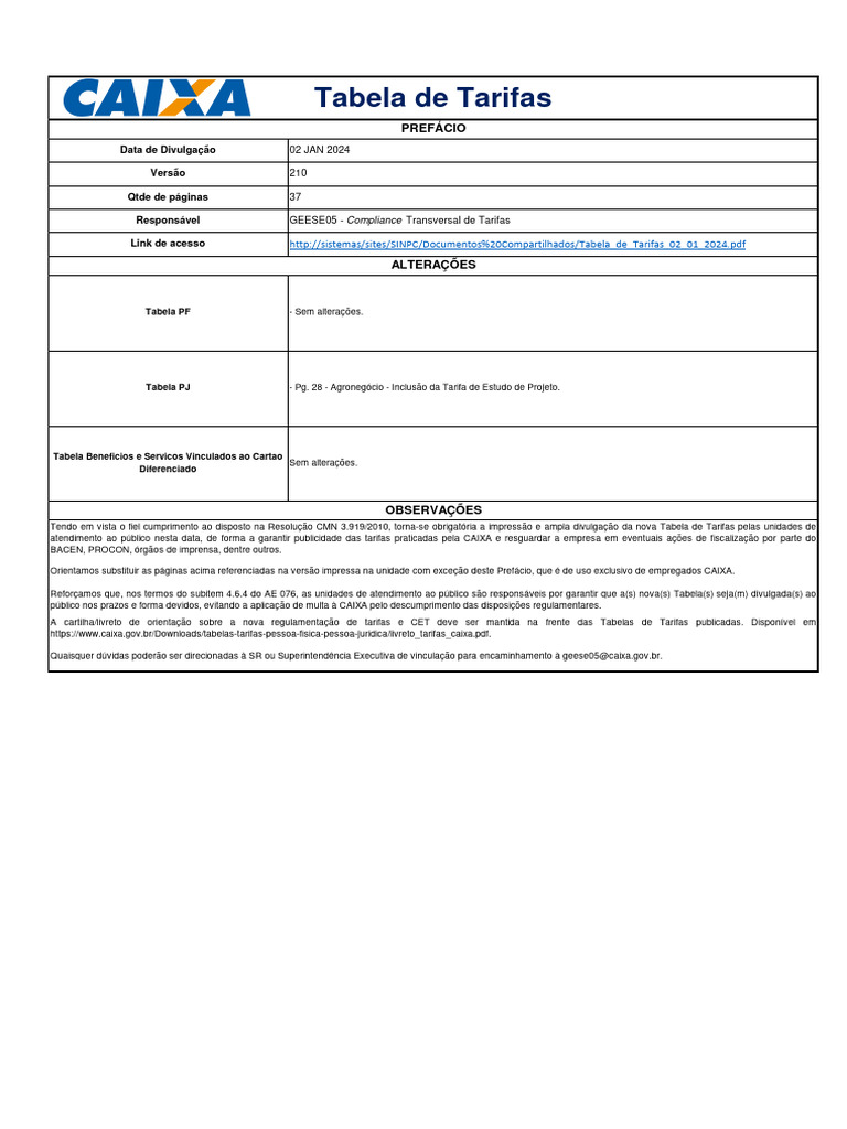 Tabela - de - Tarifas - 02 - 01 - 2024 (Caixa) | Download grátis PDF | Cheque (banco) | Conta de ...