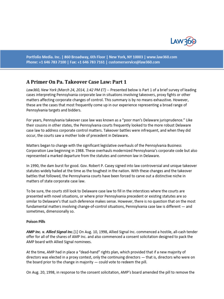 A Primer On Pa. Takeover Case Law - Part 1 | PDF | Lawsuit | Takeover