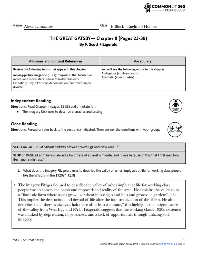 The Great Gatsby Chapter II During-Reading Questions STUDENT | PDF ...