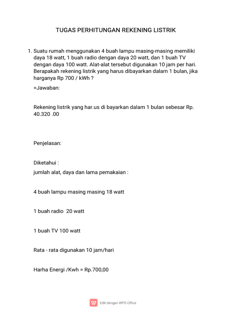Tugas Perhitungan Rekening Listrik | PDF