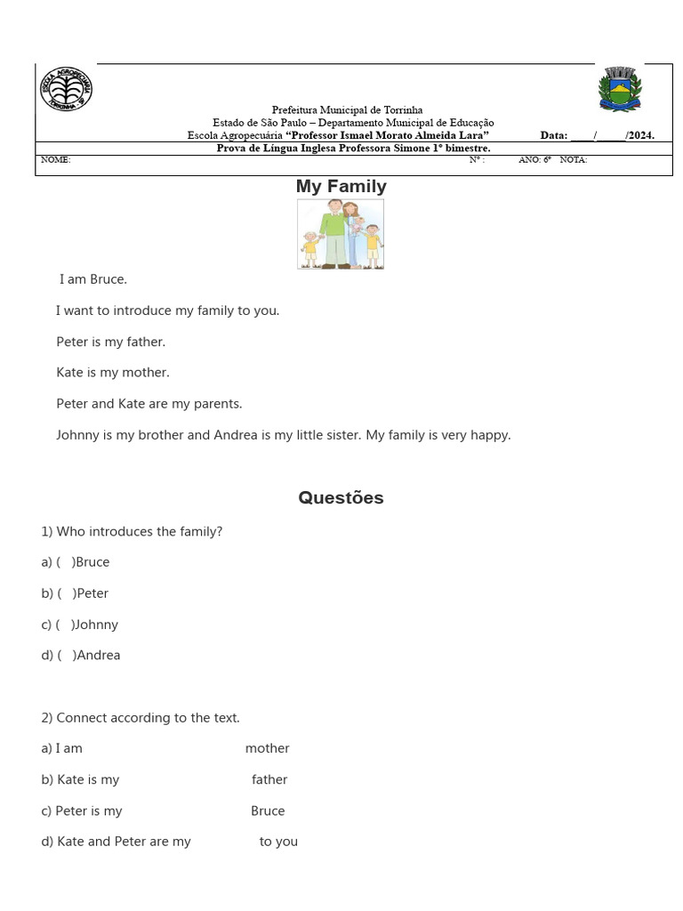 English Test: My Family for 6th Grade | PDF