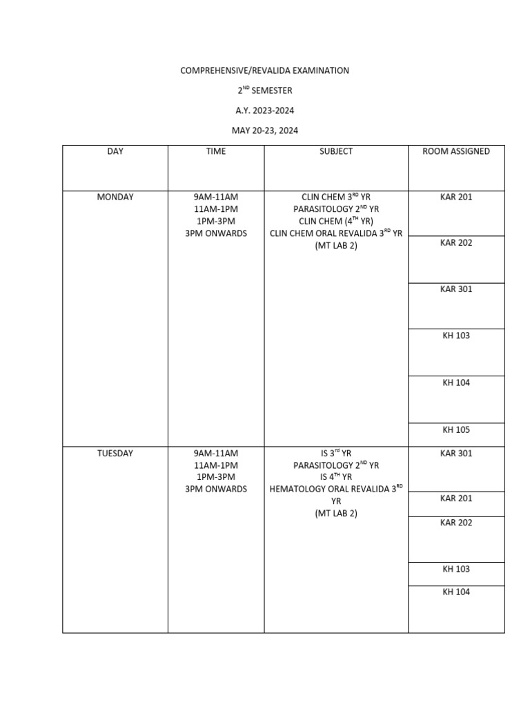 Compre and Revalida Schedule Exam 2ND Sem 23 24 | PDF