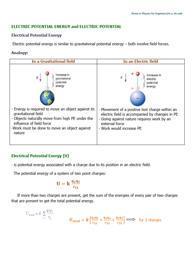 ELECTRIC POTENTIAL and Electric Potential Energy | PDF | Potential ...