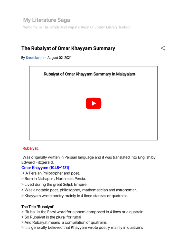 The Rubaiyat of Omar Khayyam Summary | PDF | Omar Khayyam | Poetry