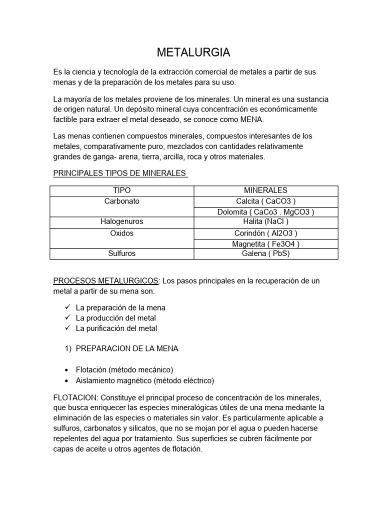 Procesos Metalúrgicos y Tipos de Minerales | PDF | Mineral | Minerales