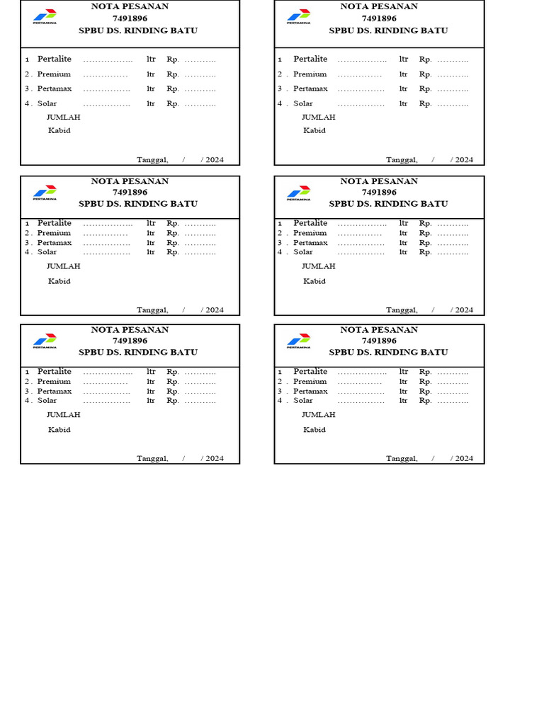 Nota Pesanan Bbm 2024 | PDF