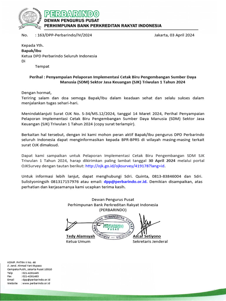 Surat DPP Ke DPD Perbarindo Selindo | PDF