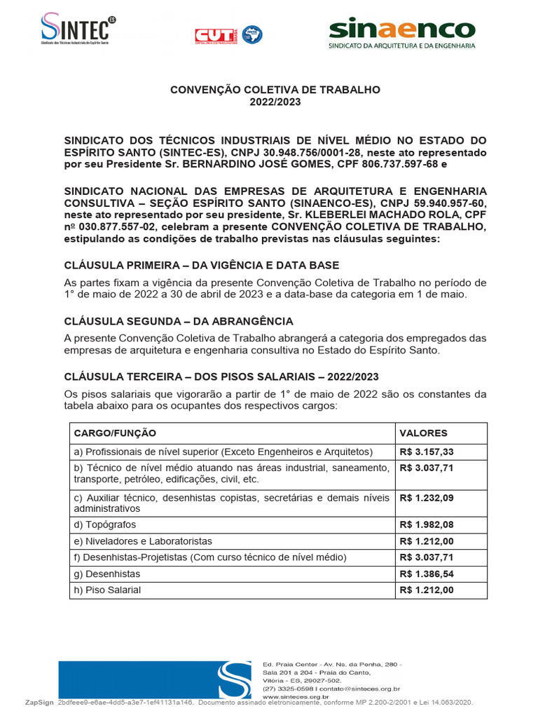 CCT 22.23 Sinaenco e Sintec | PDF | Férias trabalhistas | Sindicato
