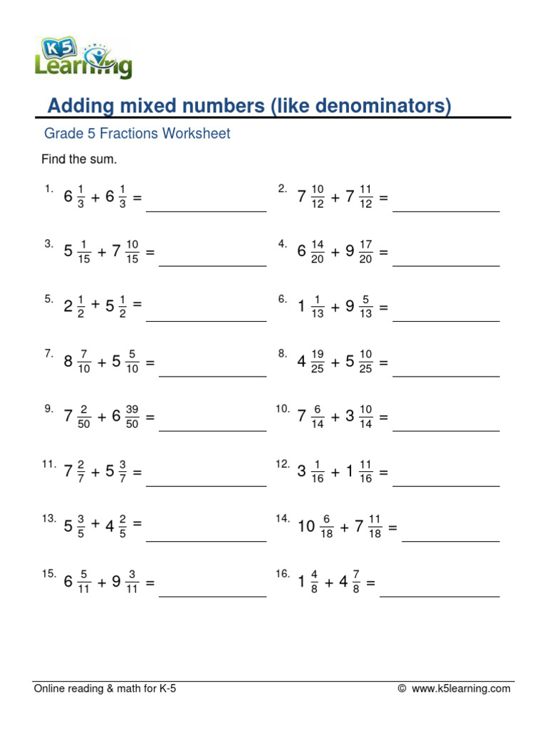 Grade 5 Adding Mixed Numbers Like Denominators e | PDF | Mathematical ...