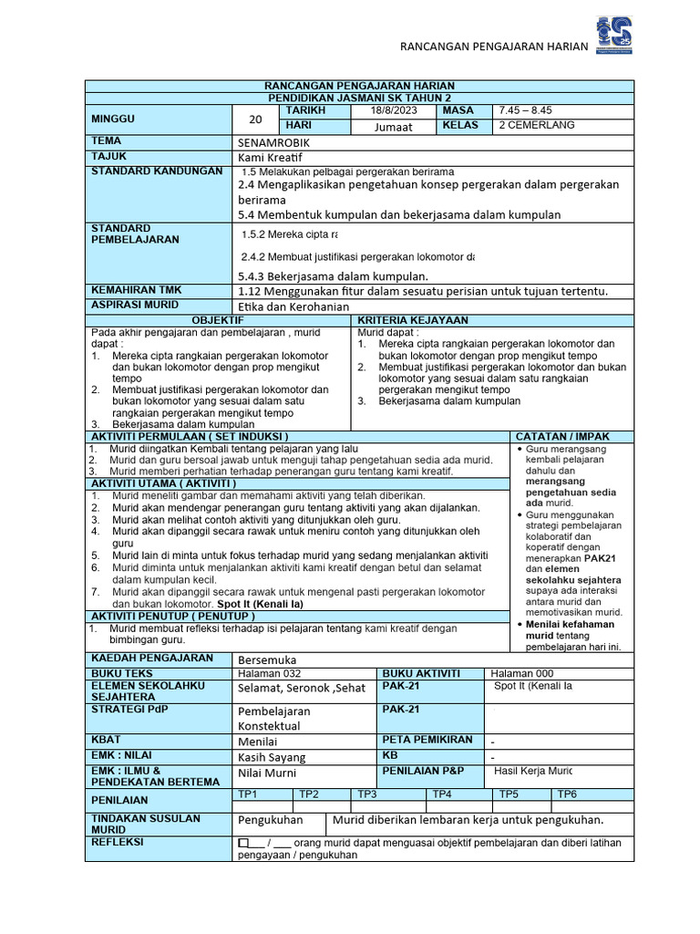 RPH Minggu 20 Pendidikan Jasmani THN 2 2023 by Cikgu Gorgeous | PDF | Karier & Perkembangan ...