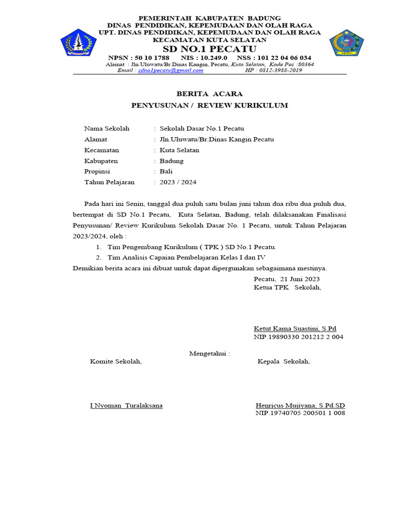 Berita Acara Review Kurikulum SD 1 Pecatu | PDF