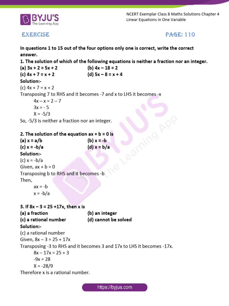 NCERT Exemplar Class 8 Maths Solutions Chapter 4 Linear Equations in ...