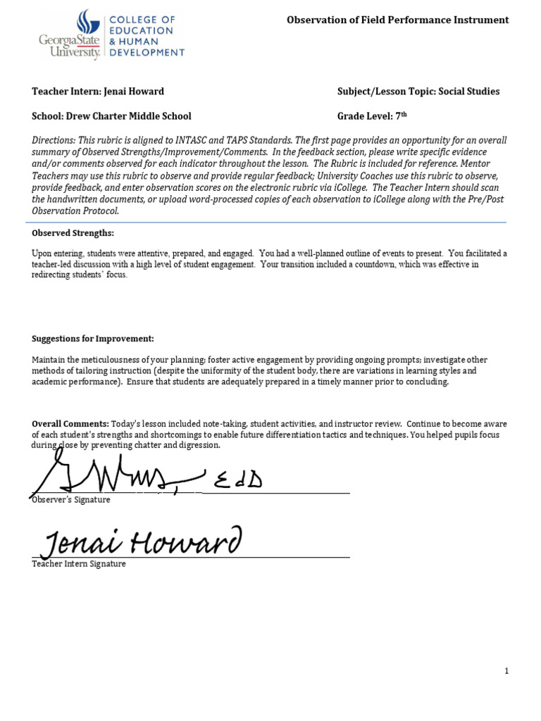 Obs 1 SPR 2024 Jenai Howard | PDF | Learning | Educational Assessment