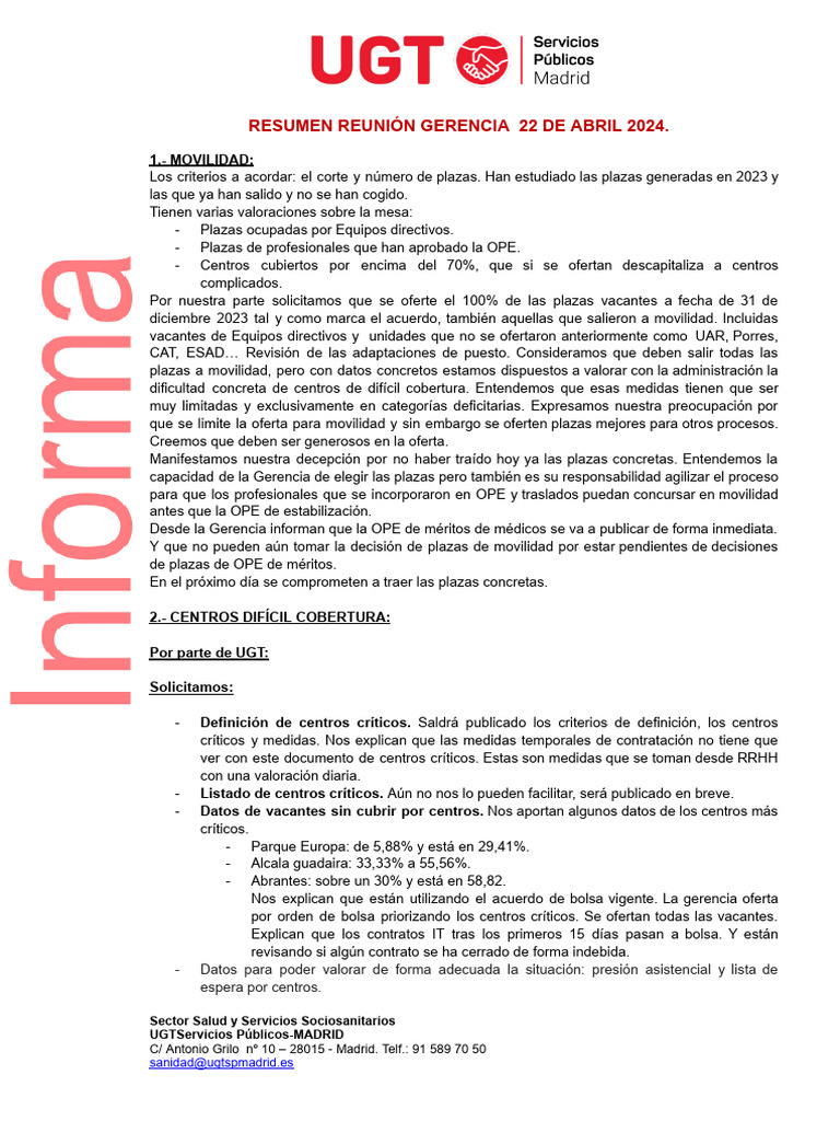 RESUMEN REUNIÓN GERENCIA AP 22 ABRIL 2024. MOVILIDAD Y CENTROS CRÍTICOS..docx | PDF | Cuidado de ...