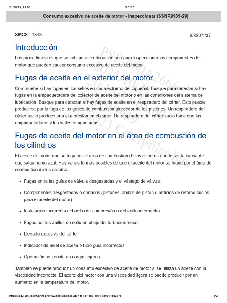 Consumo Excesivo De Aceite De Motor Inspeccionar 950h Pdf Aceite De
