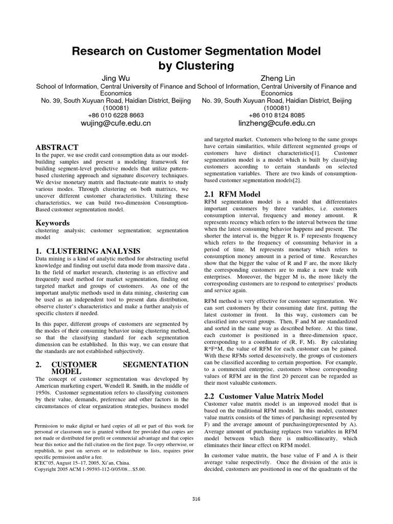 2005 Research On Customer Segmentation Model By Clustering Pdf Market Segmentation Cluster