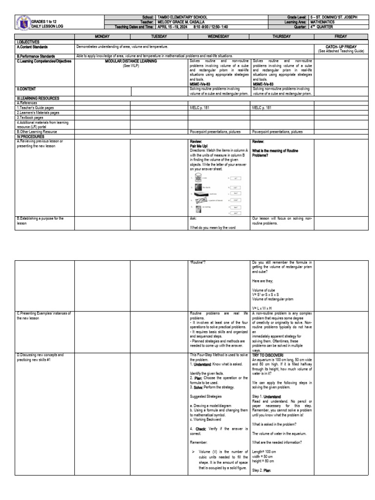 DLL Mathematics 5 q4 w3 Day 3-4 | PDF | Volume | Learning