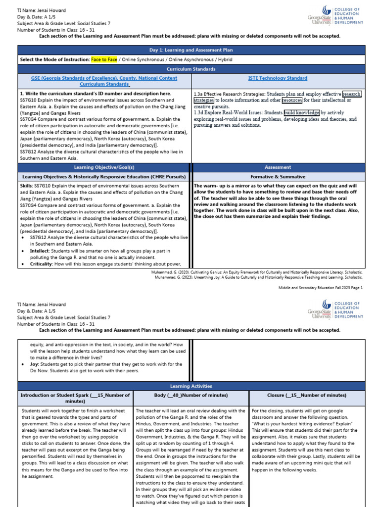 Mse Learning and Assessment Plan Template Semester 2 Week 1 5th B Day 3 | PDF | Differentiated ...