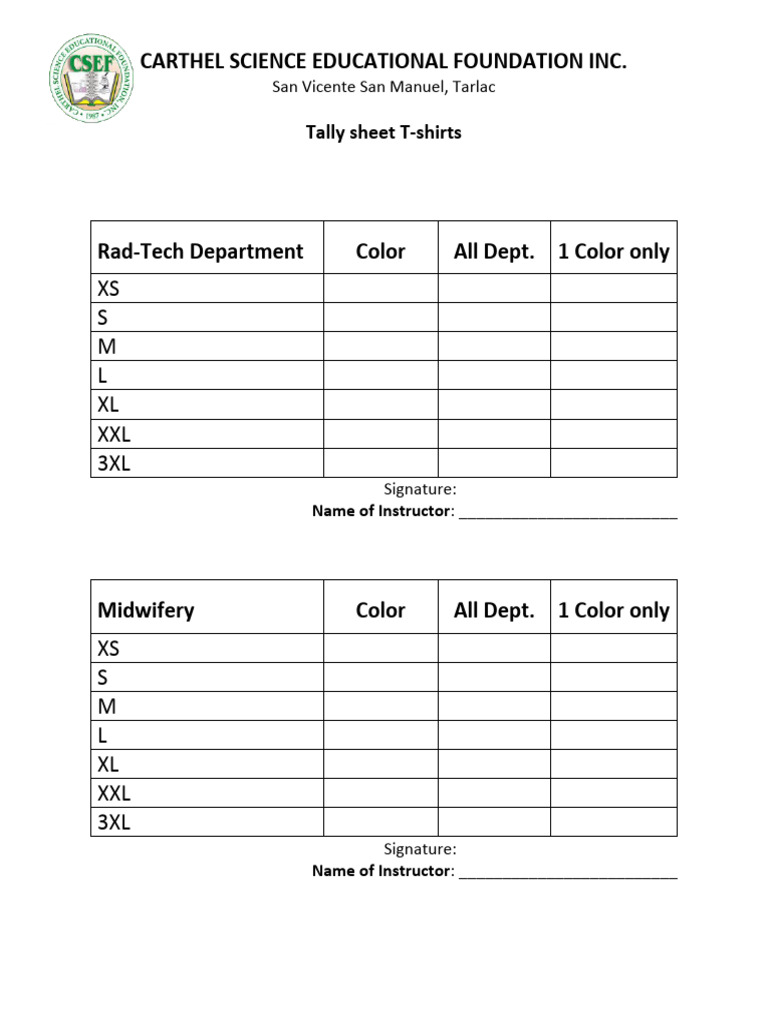 T-Shirt Tally Sheet for Departments | PDF