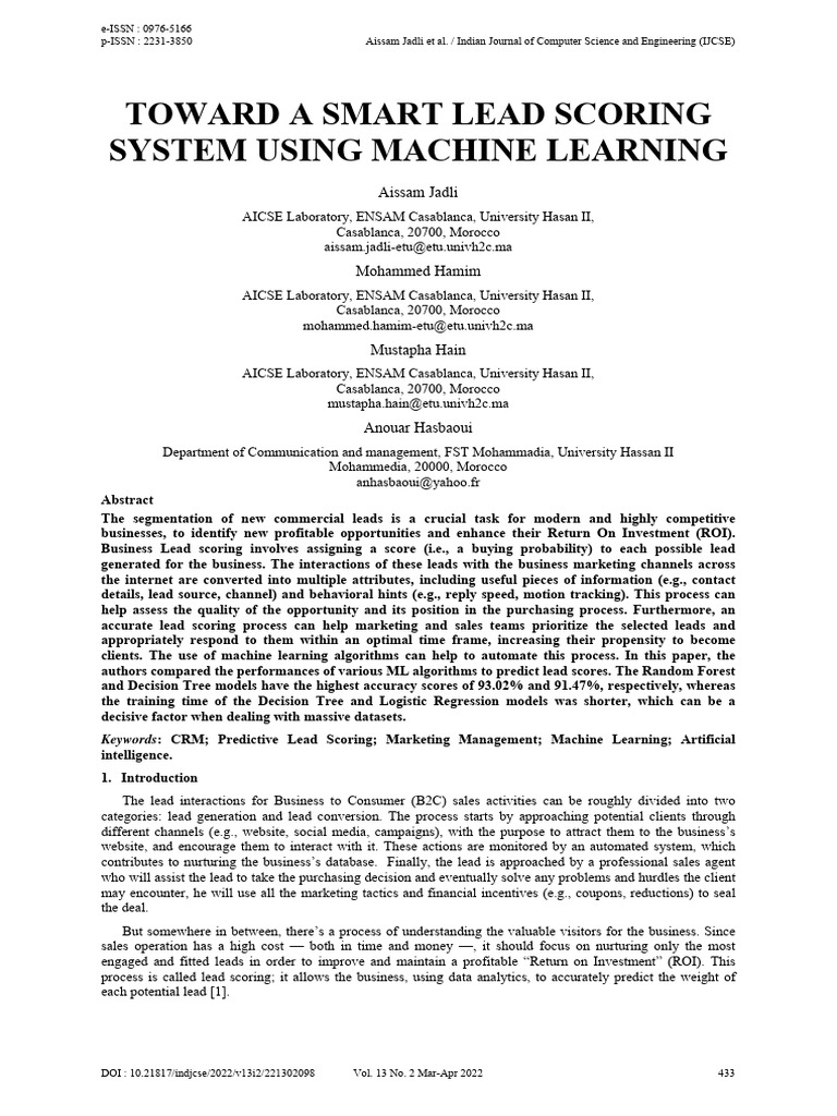 Toward a Smart Lead Scoring System Using ML | PDF | Machine Learning ... Toward a Smart Lead Scoring System Using ML | PDF | Machine Learning ...
