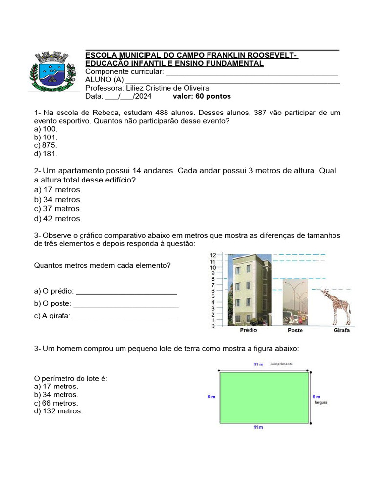 Avaliação de matemática 60p 1b | PDF