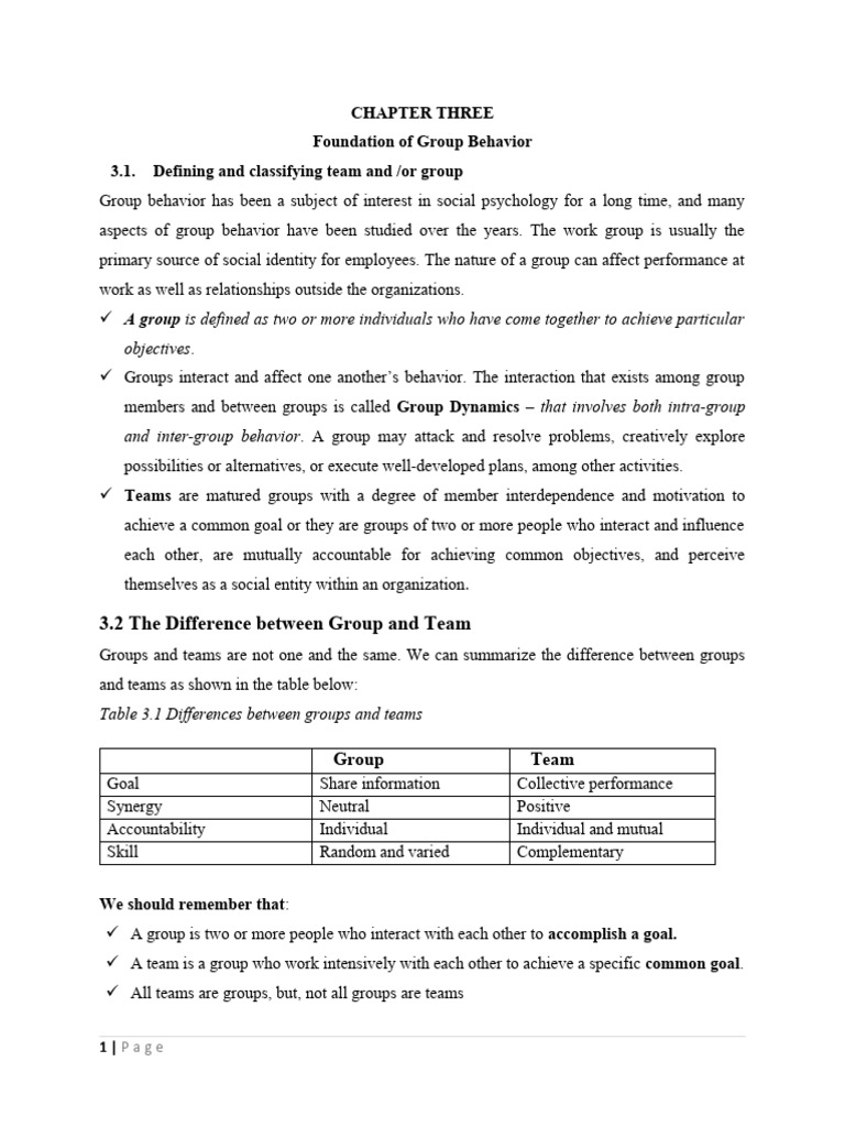 Chapter Three Foundation of Group Behavior 3.1. Defining and Classifying Team and /or Group ...