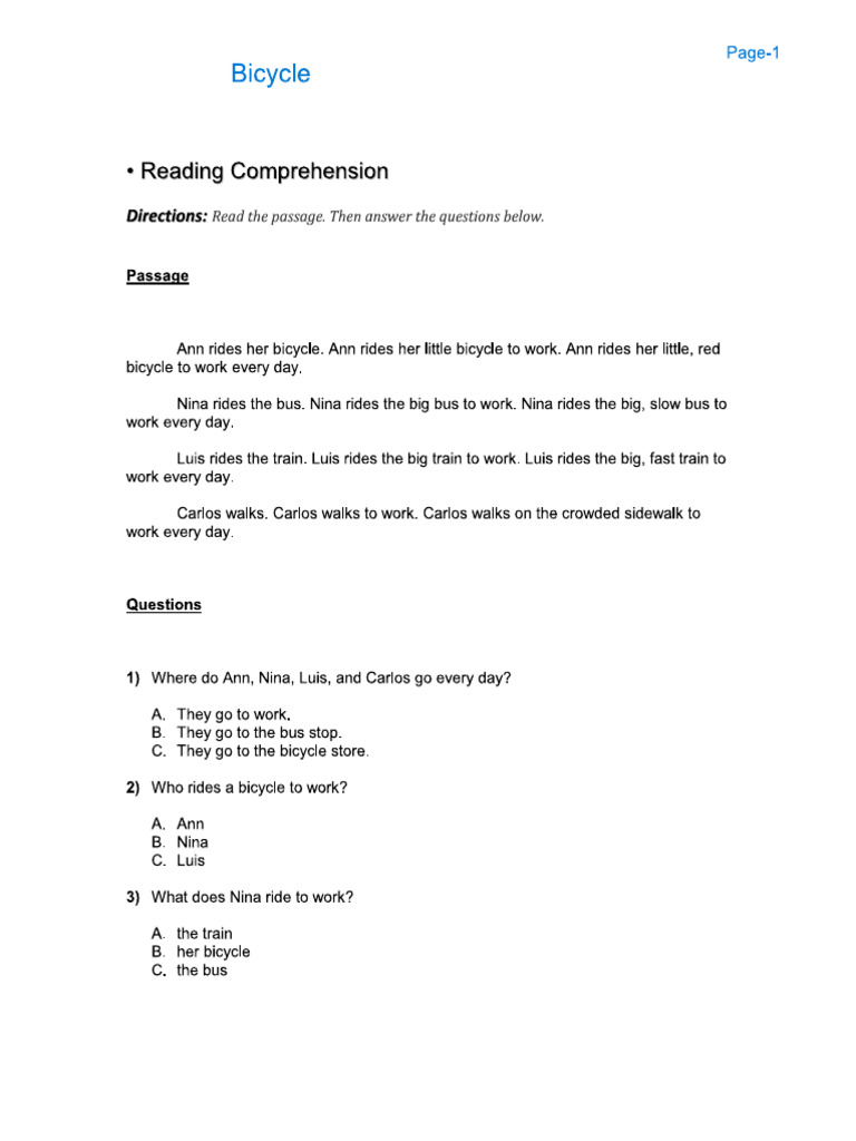 Bicycle - Comprehension | PDF