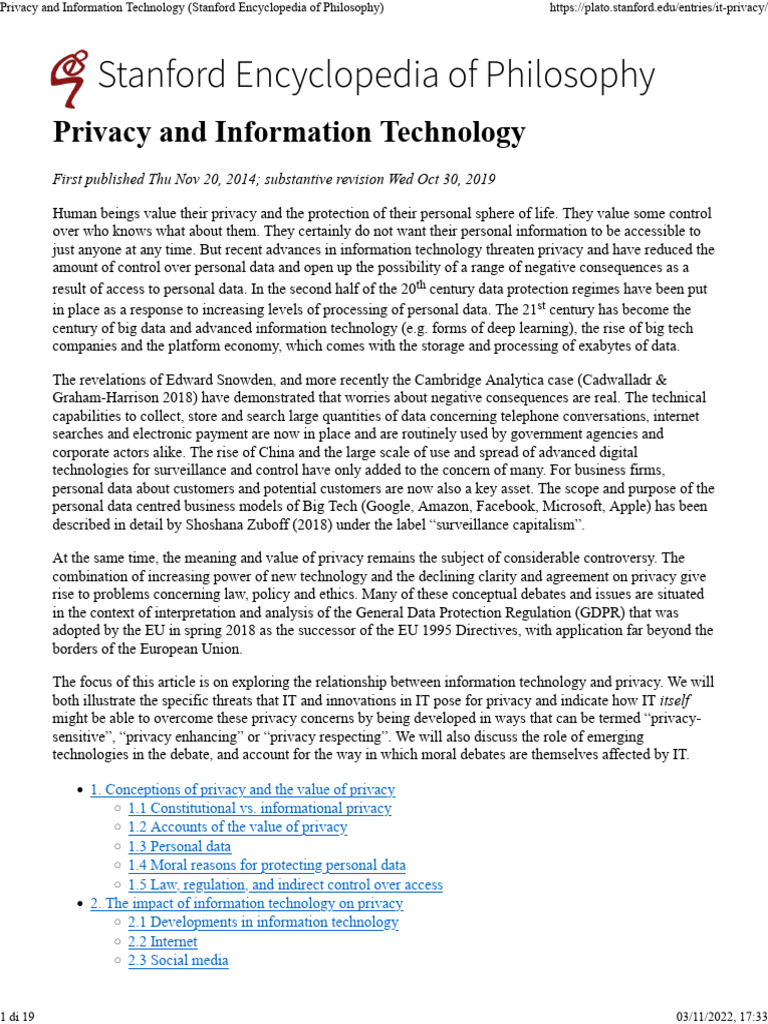 Privacy and Information Technology (Stanford Encyclopedia of Philosophy) | PDF | Privacy ...