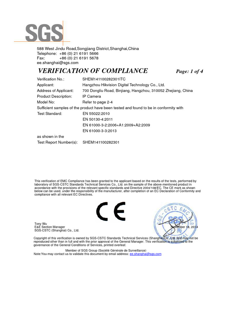 Certificat de Calitate - DS-2CD2T22 pg2 | PDF | Verification And Validation