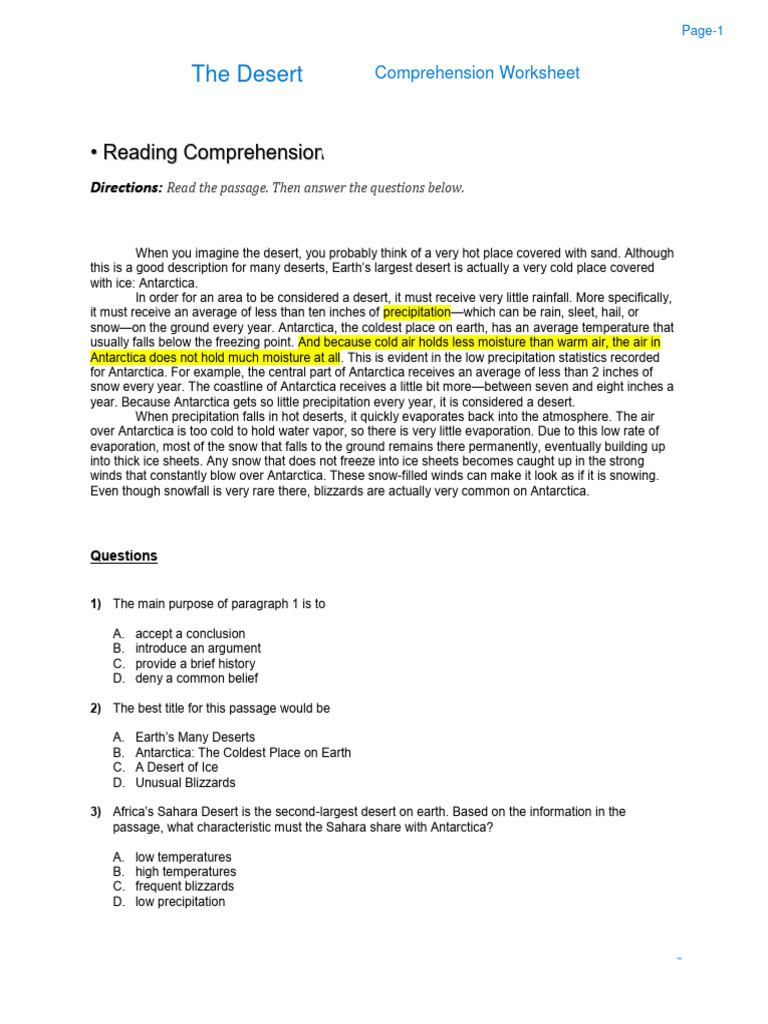 The Desert Comprehension Worksheet Pdf Desert Precipitation