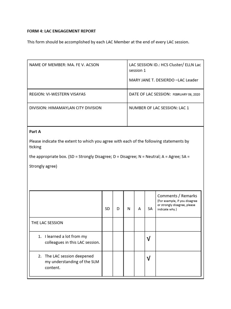 1.-Form 4. LAC Engagement Report-Faci LAC1-SAMPLE | PDF | Learning ...