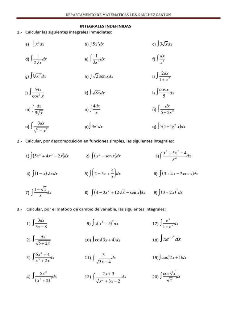 Ejercicios de Integrales Indefinidas | PDF | Integral | Análisis matemático