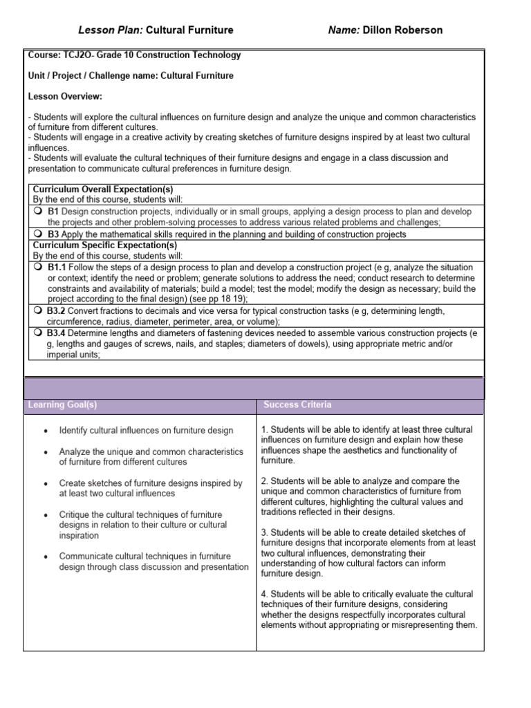 Cultural Furniture Lesson Plan - Tcj2o | PDF | Identity (Social Science ...
