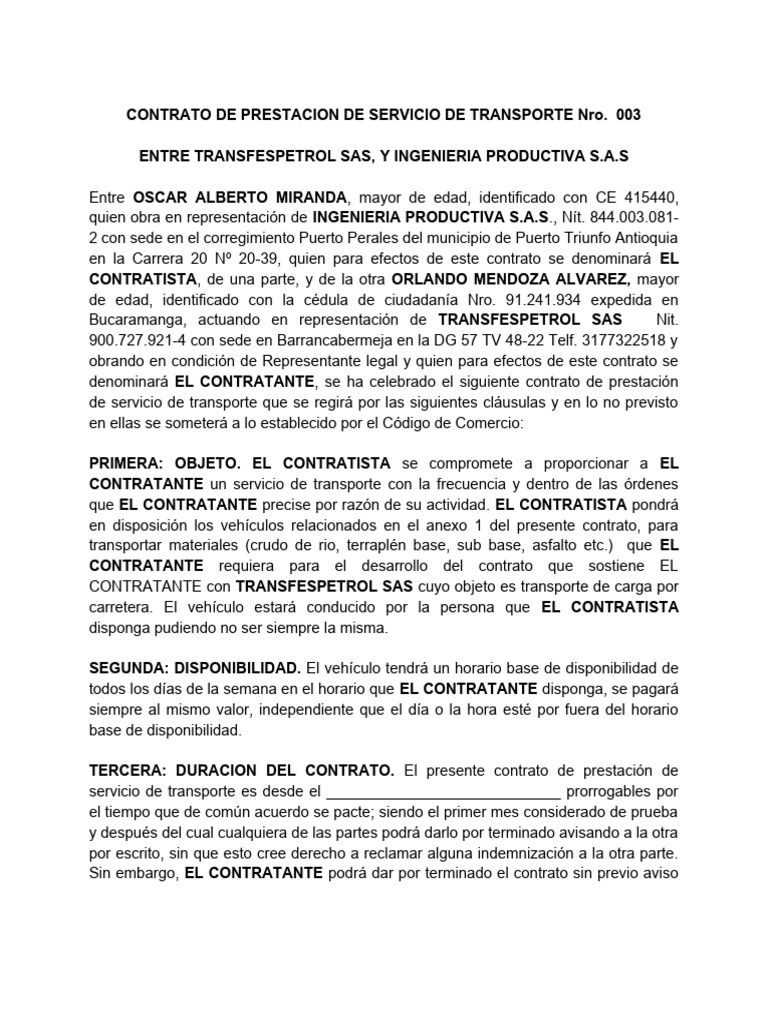 Contrato de Transporte Modelo | PDF | Seguro de vehículo | Seguro