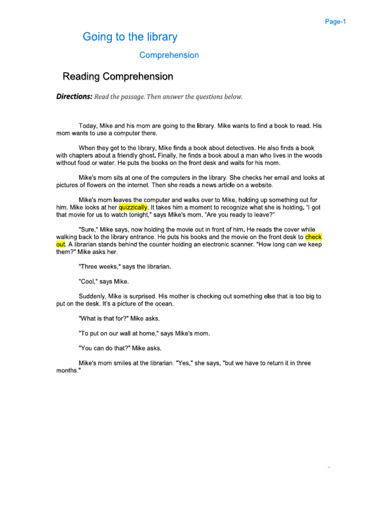 Going to the Library- Comprehension 2 | PDF