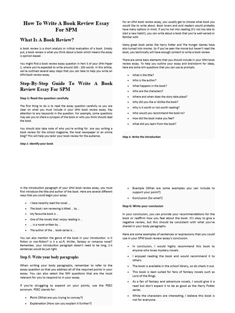 How To Write A Book Review Essay For SPM | PDF | Essays | Books