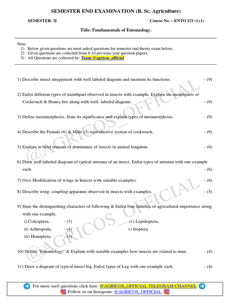 ENTO 121 Most Probable Que Paper | PDF | Insects | Arthropodology