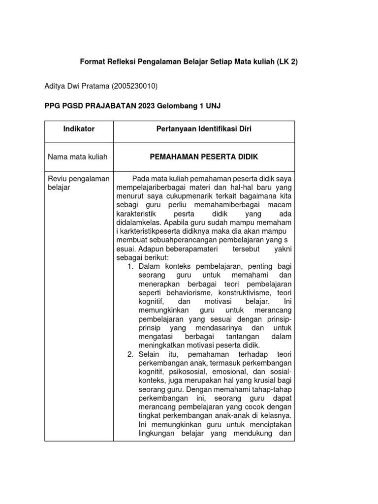 Refleksi Pembelajaran PPG PGSD | PDF | Karier & Perkembangan