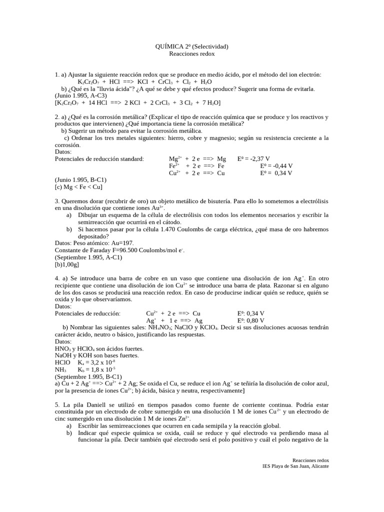 Reacciones Redox 2020 Pdf Redox Cloruro