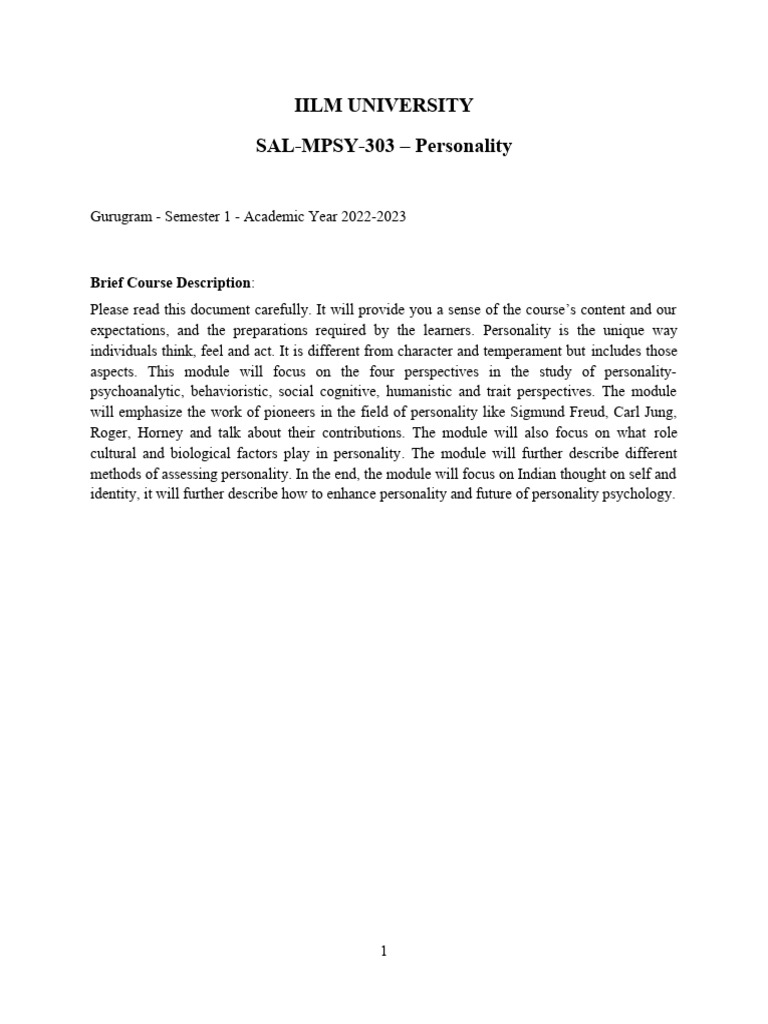 Personality - Module Plan | PDF | Carl Jung | Psychology