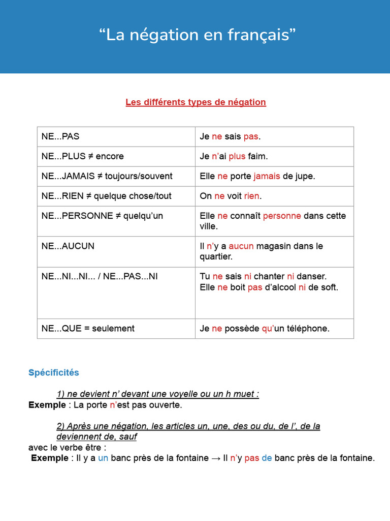 La Négation en Français Exercices | PDF | Verbe | Linguistique