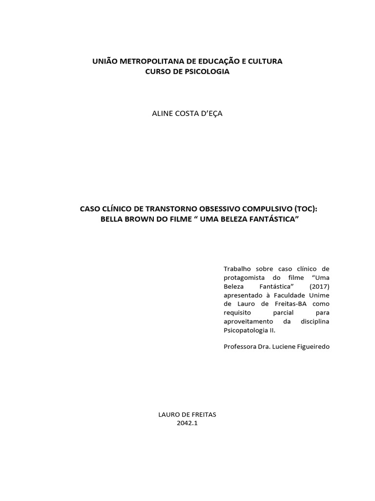 Psicopatologia - Caso Clínico TOC | PDF | Transtorno obsessivo compulsivo (TOC) | Psicologia Anormal
