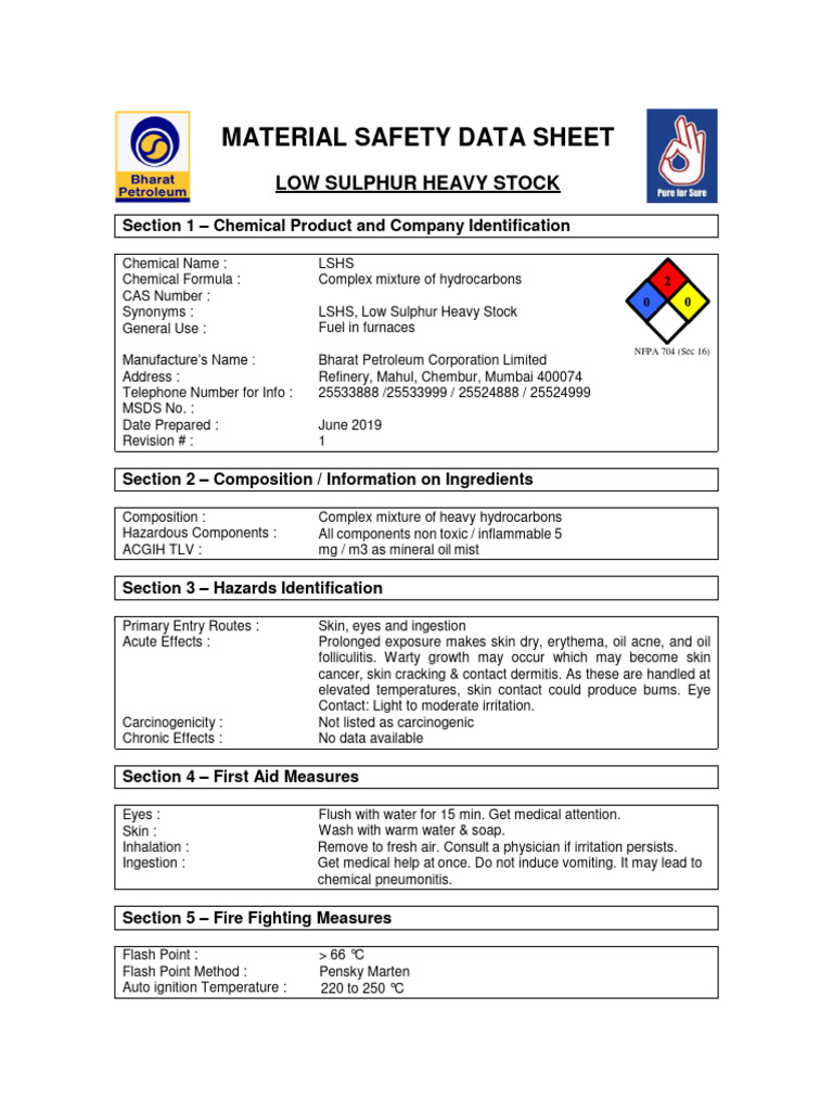 Low Sulphur Heavy Stock - Msds | PDF | Personal Protective Equipment ...
